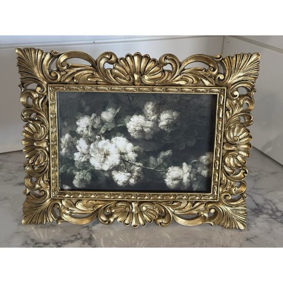 Art | Victorian Inspired Gold Frame With Moody White Floral Print ...